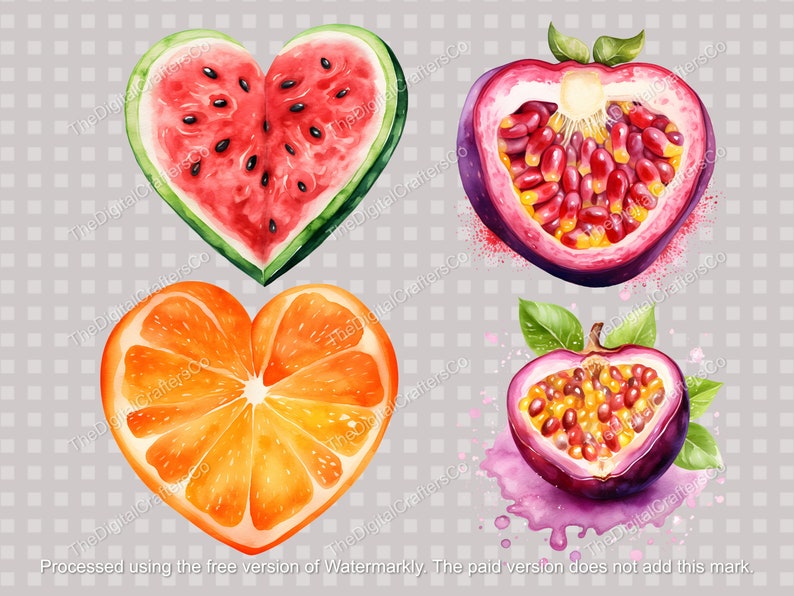 Heart Shaped Fruits Clipart Set, 29 Watercolor Heart Fruit PNG, Summer ...