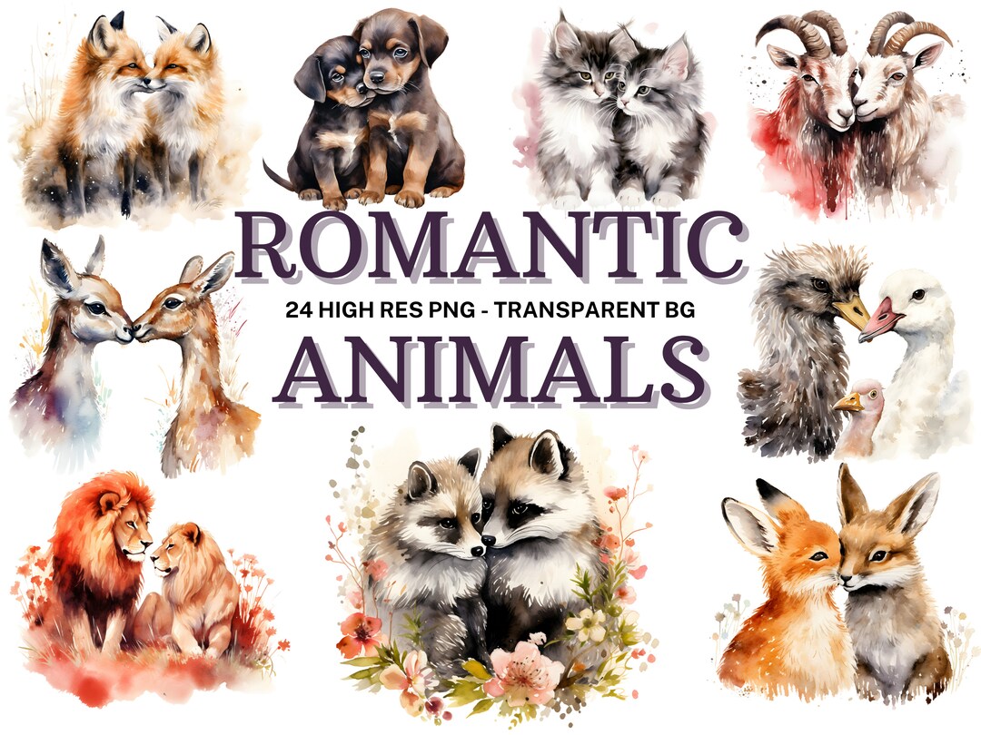 Romantic Animals Clipart Set, 24 Watercolor Valentine Animals PNG ...