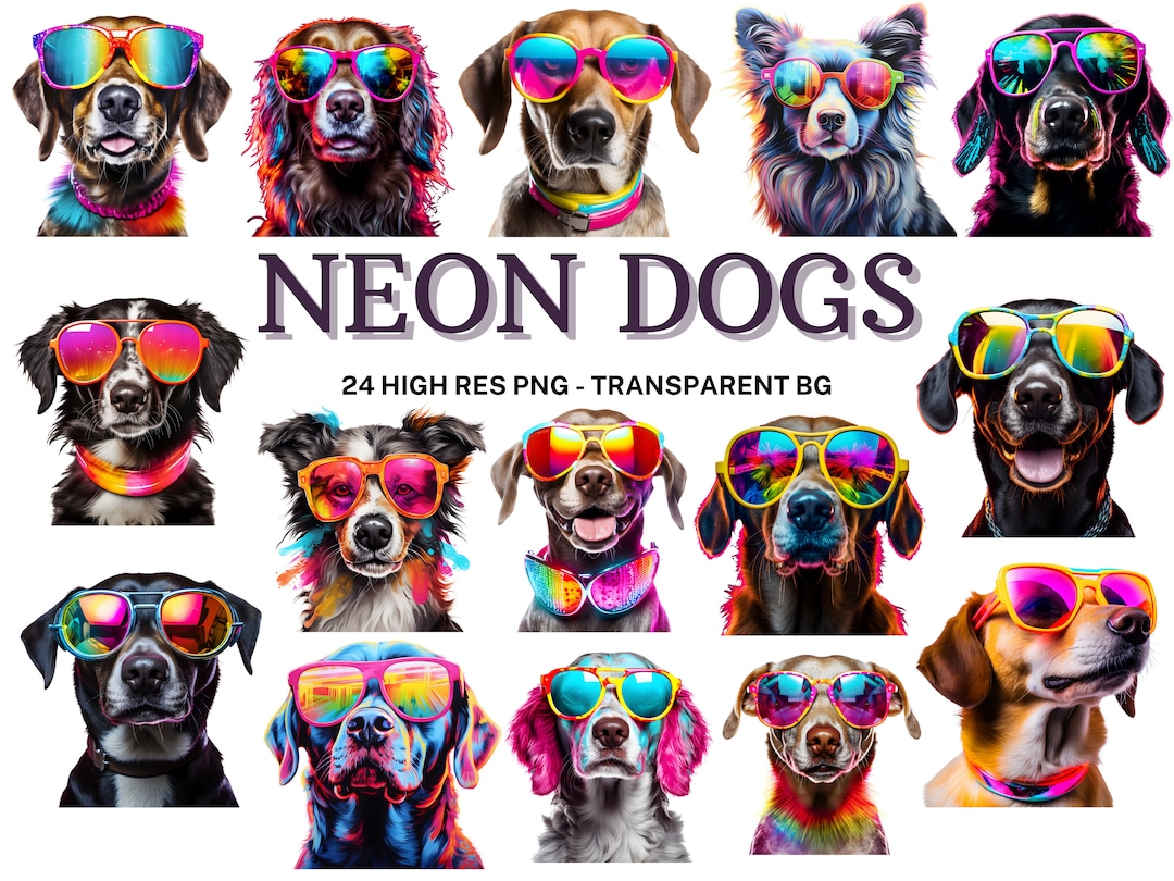 Neon Dogs Clipart Set , 24 Neon Dogs With Eyeglasses PNG, Scrapbook ...