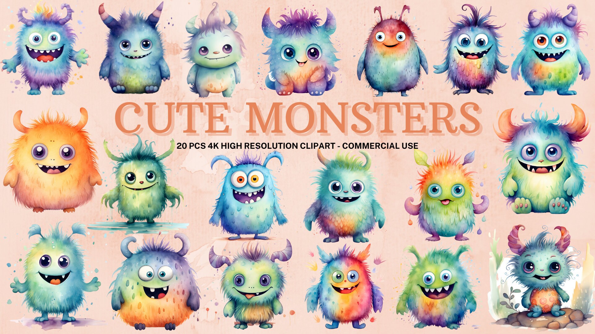Cute Monsters SVG PNG Collection | Watercolor Cute Monsters Clipart ...