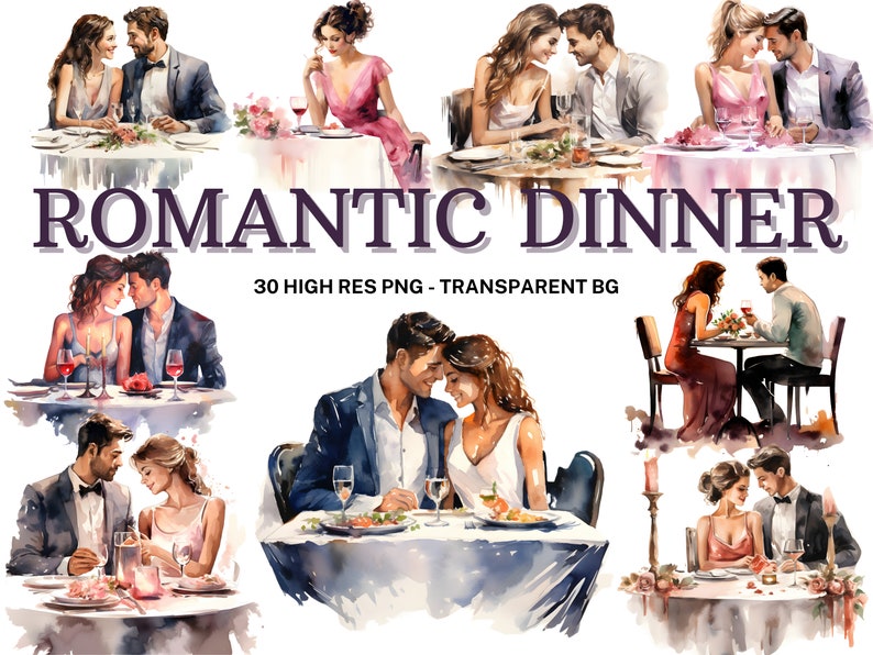 Romantic Dinner Clipart Set, 30 Watercolor Romantic Dinner PNG, Valentine's Day Clipart - Etsy