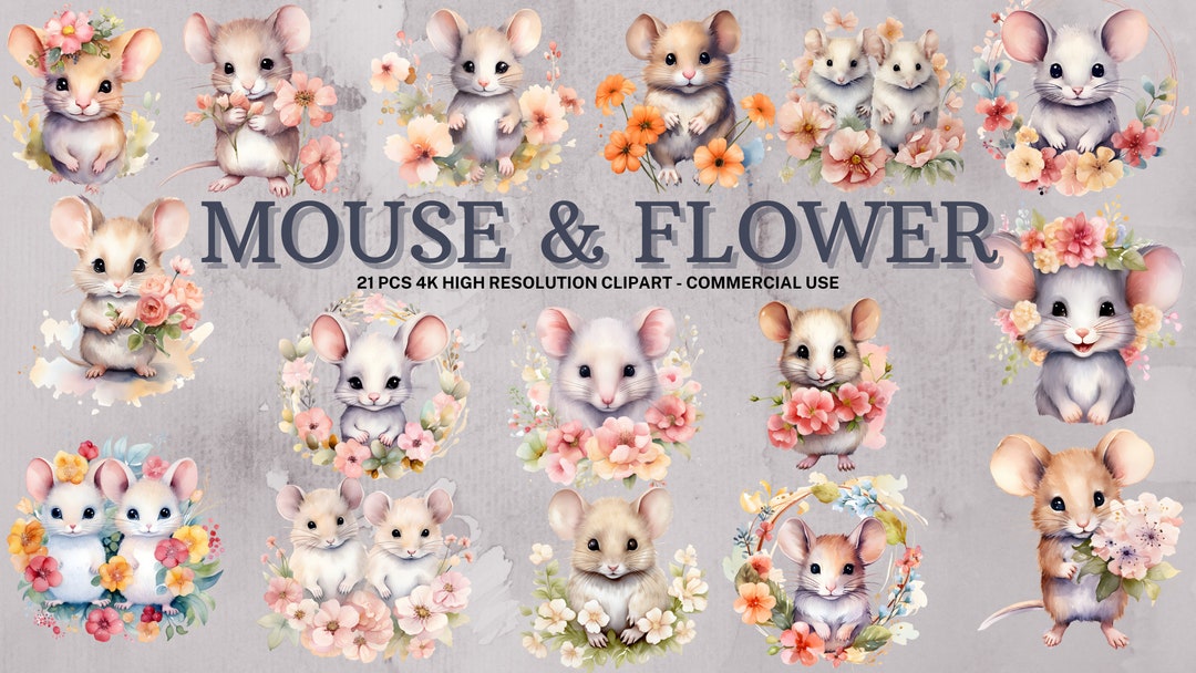 Watercolor Mouse Clipart: Flower PNG Collection (digital Download) - Etsy