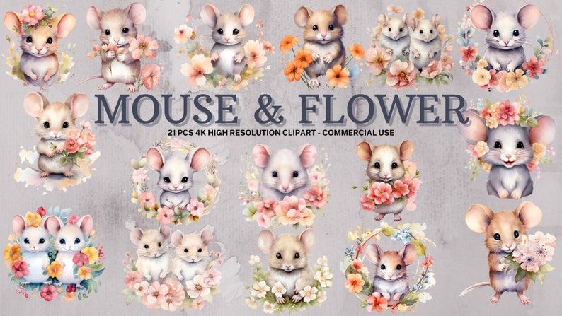 Watercolor Mouse Clipart: Flower PNG Collection (digital Download) - Etsy