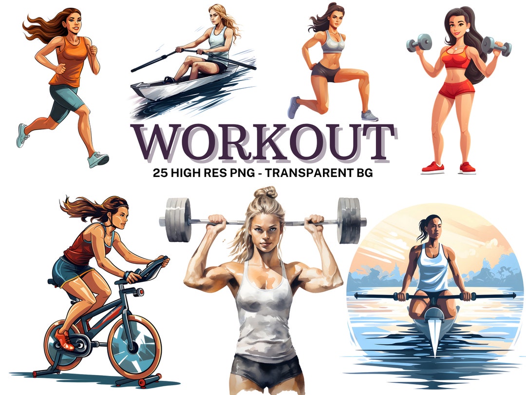 Workout Woman Clipart Set, 25 Watercolor Woman Training PNG, Fitness ...