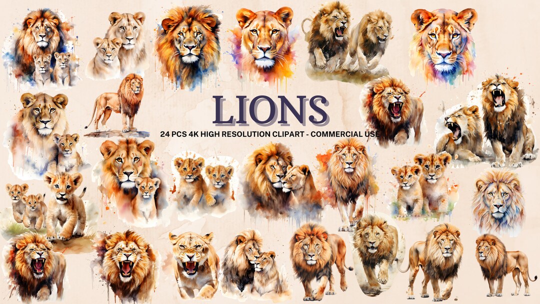 Watercolor Lion Clipart PNG Bundle – Wild Safari Jungle Animal Digital ...