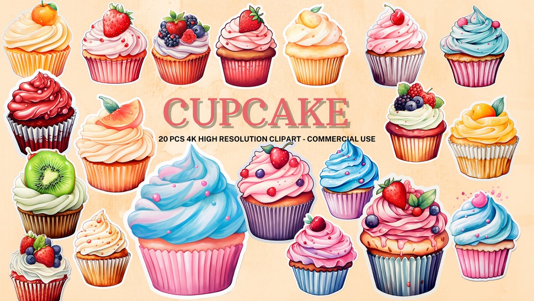 Watercolor Cupcake Clipart: Birthday Cake PNG Collection (instant ...