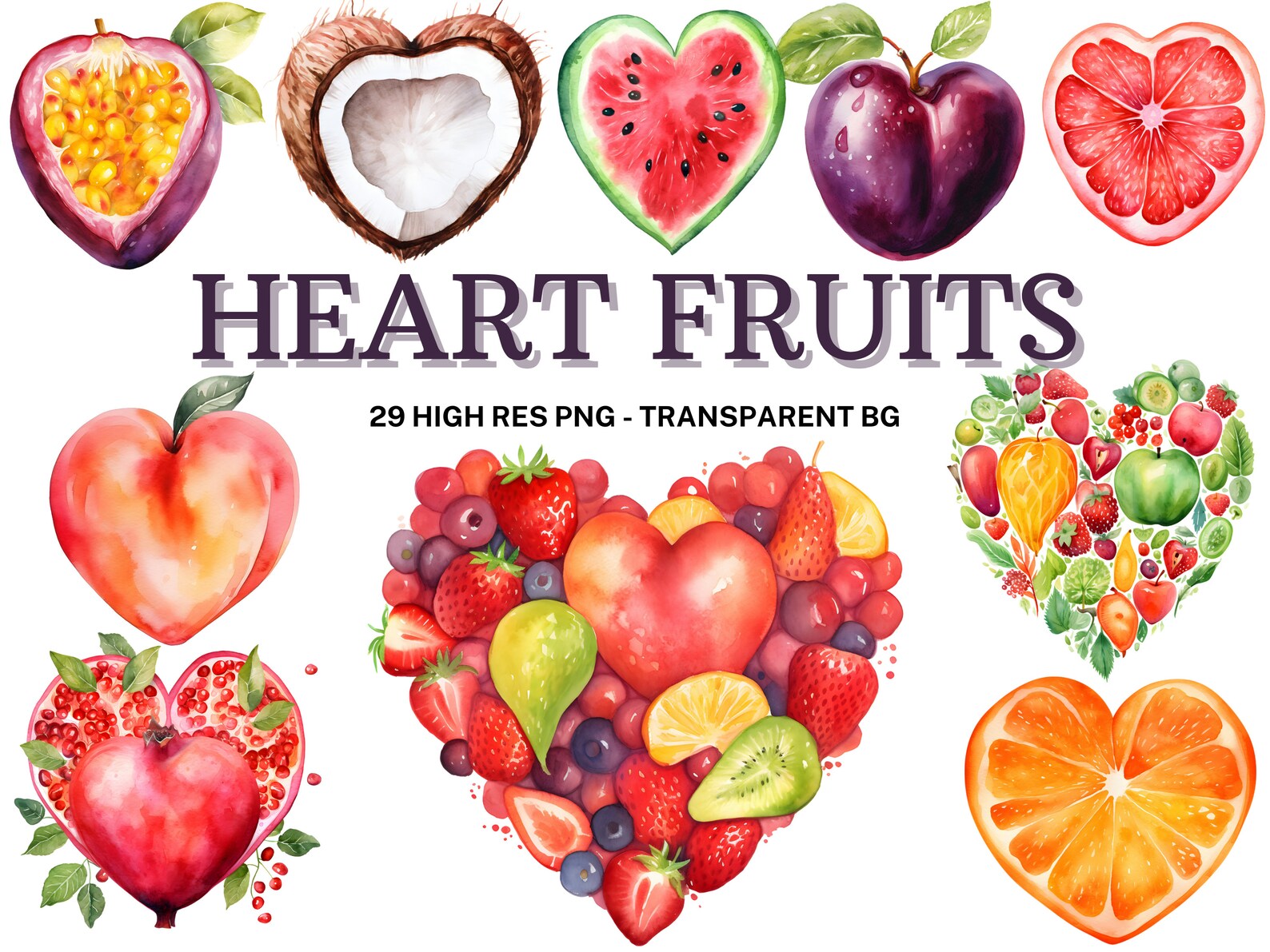 Heart Shaped Fruits Clipart Set, 29 Watercolor Heart Fruit PNG, Summer ...