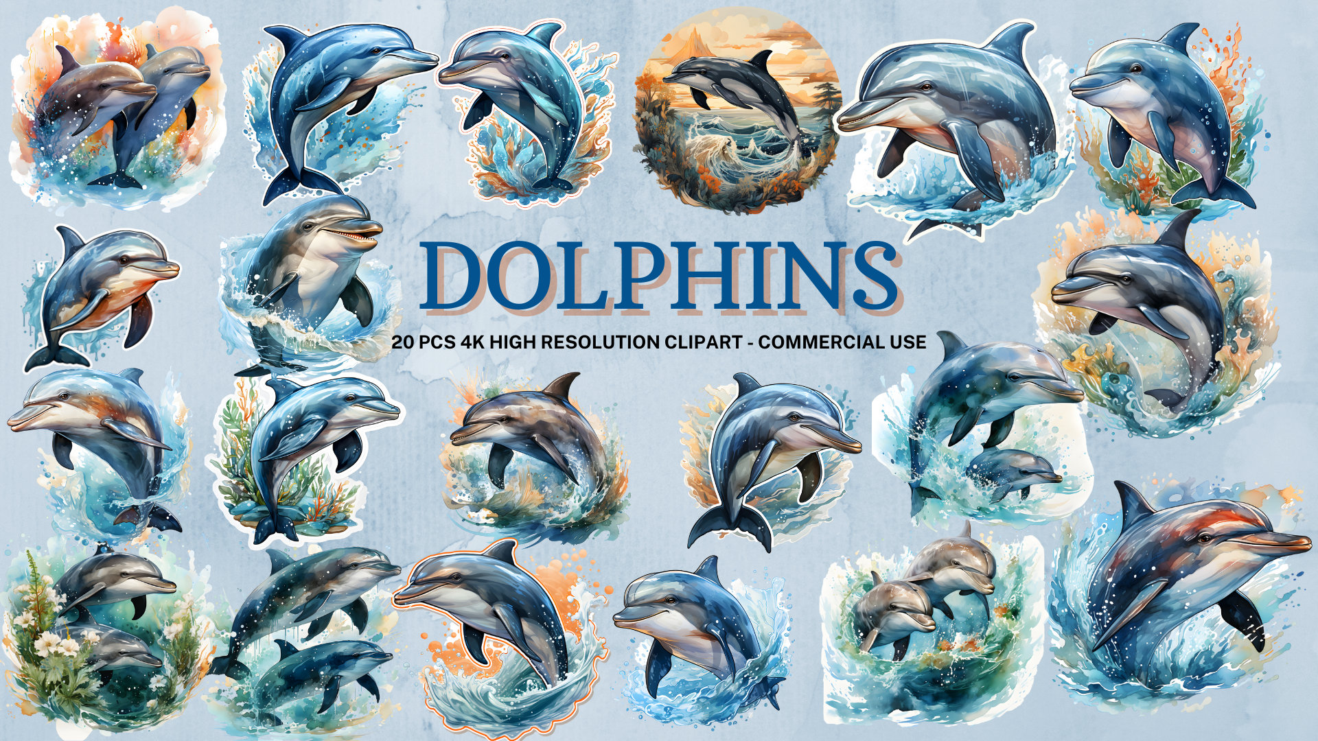 Dolphin Watercolor Clipart: 20 PNG Graphics (instant Download) - Etsy