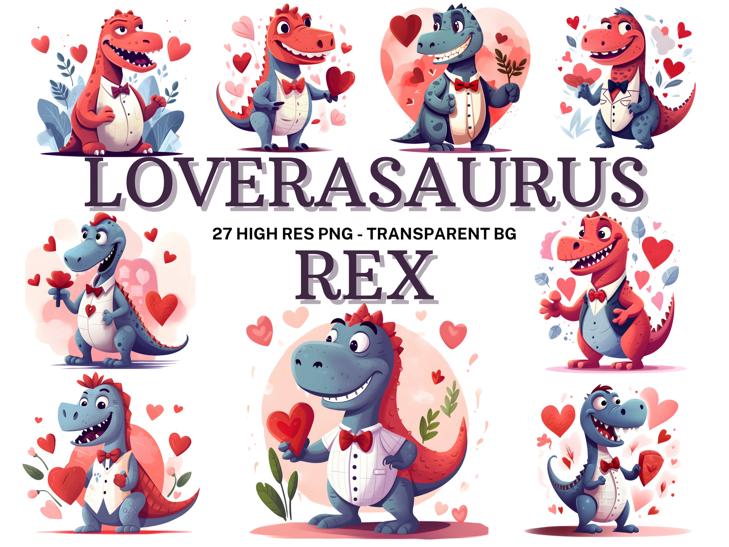 Valentine's Day Dinosaur Clipart Set, 27 Watercolor Valentine's Day ...