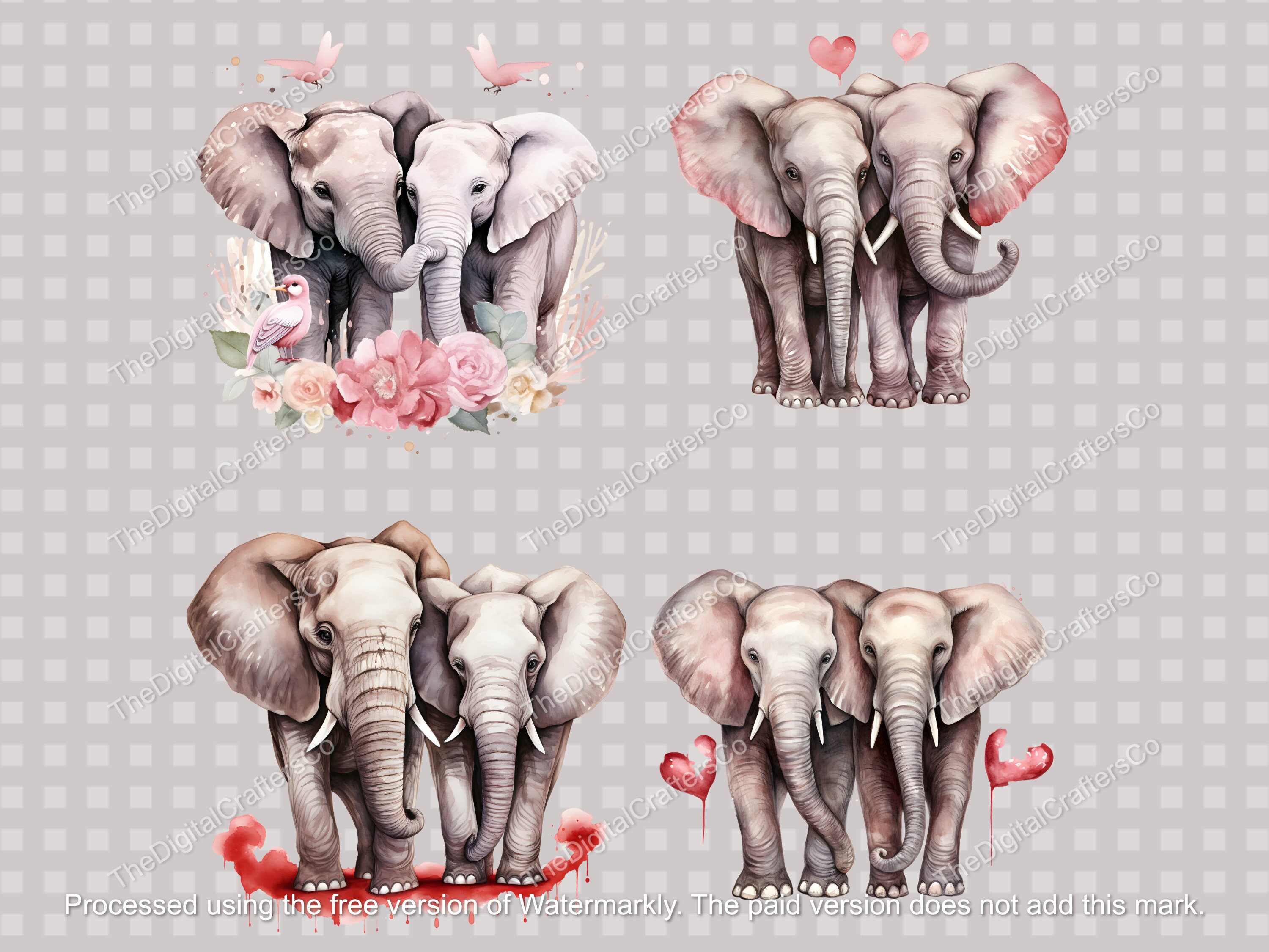 Valentine Elephants Clipart Set, 20 Watercolor Valentine Elephants PNG ...