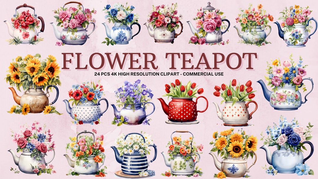 Flower Teapot PNG Collection | Watercolor Flower Teapot Clipart ...