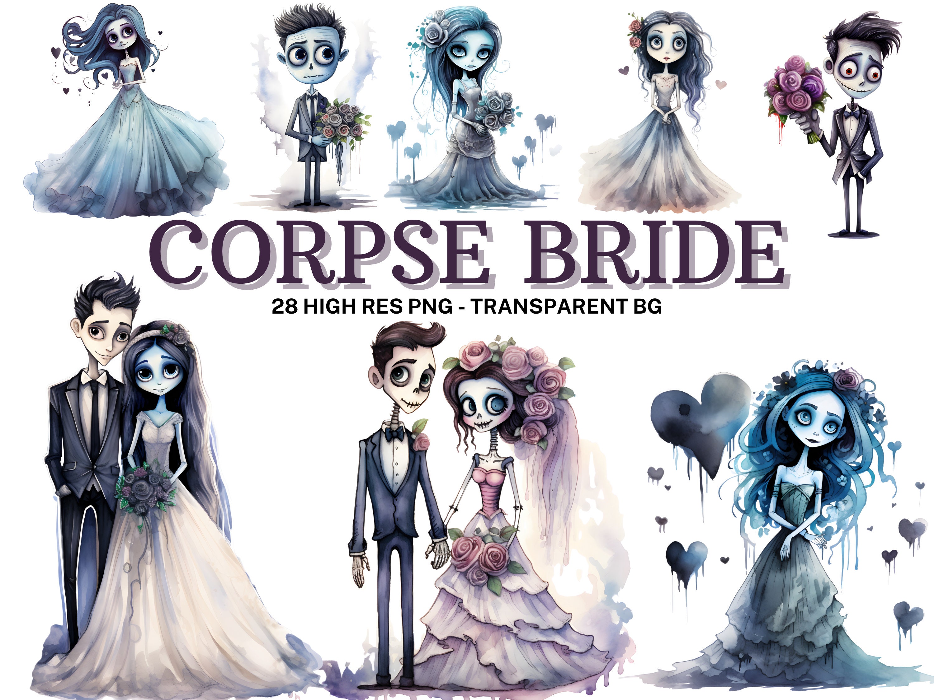 Corpse Bride Clipart Set, 28 Watercolor Corpse Bride PNG, Valentines ...