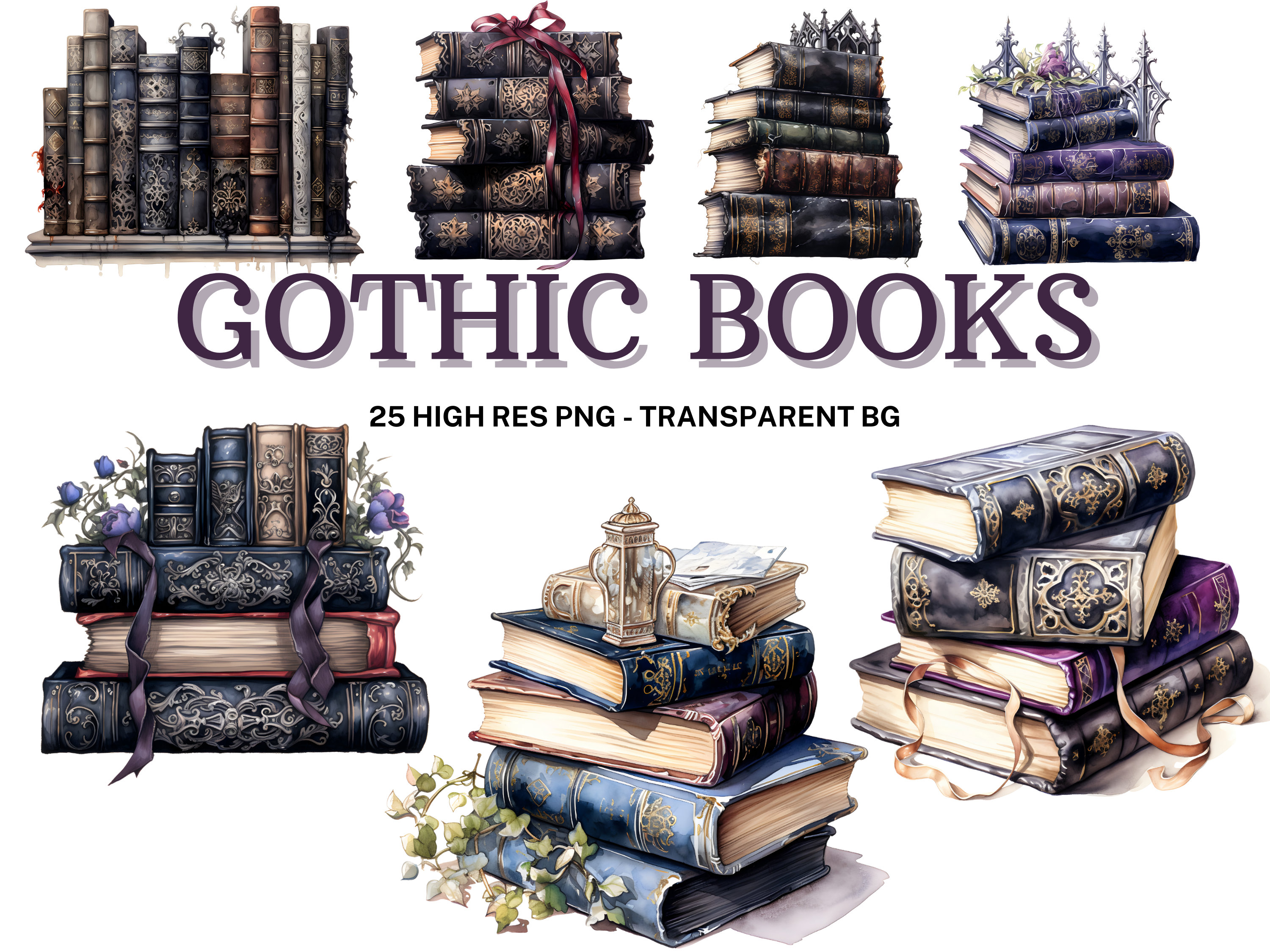 Gothic Books Clipart Set, 25 Watercolor Gothic Books PNG, Junk Journal ...