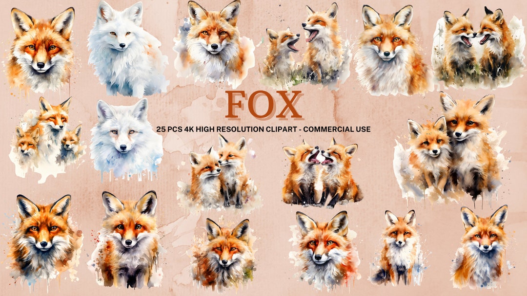 Fox Clipart Set , 24 Watercolor Fox PNG File, Scrapbook, Animal Images ...