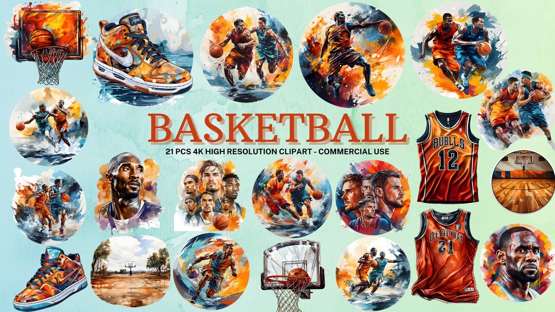 Watercolor Basketball Clipart: SVG, PNG, Sticker Collection (instant ...