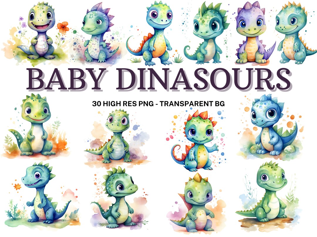 Watercolor Baby Dinosaurs Clipart, 30 Dino PNG Images (digital Download ...