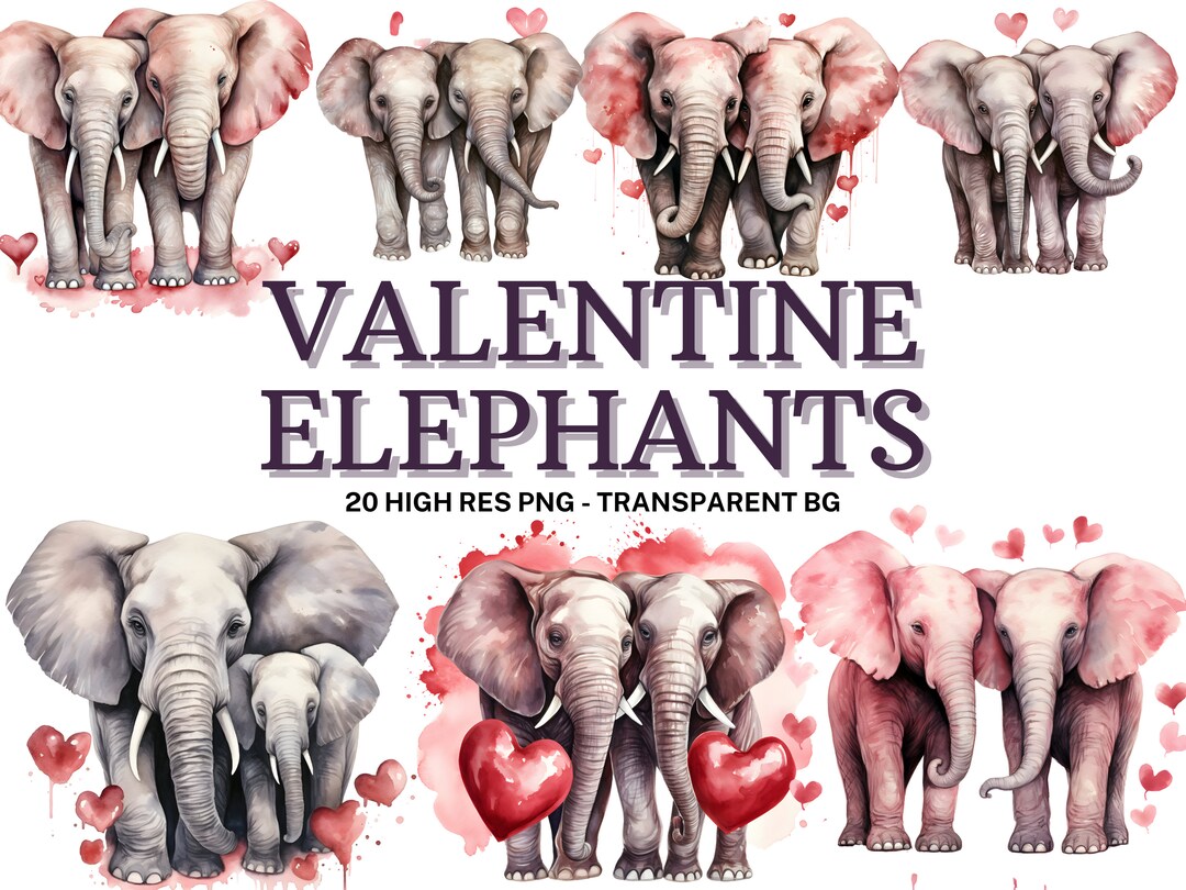 Valentine Elephants Clipart Set, 20 Watercolor Valentine Elephants PNG ...