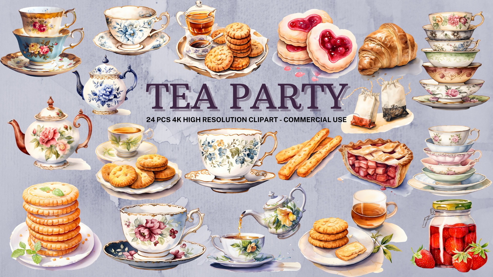 Tea Party PNG Collection | Watercolor Tea Party Clipart | Instant ...