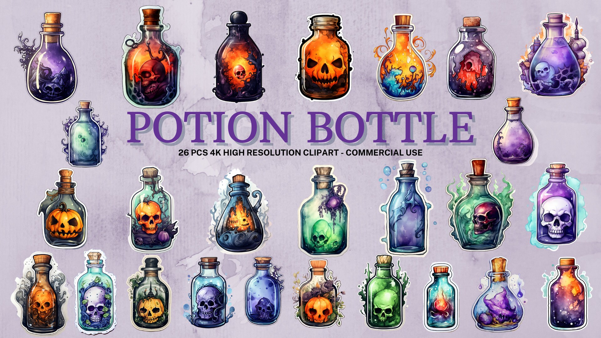 Potion Bottle Clipart Set, 26 Watercolor Potion Bottle PNG, Alchemy ...