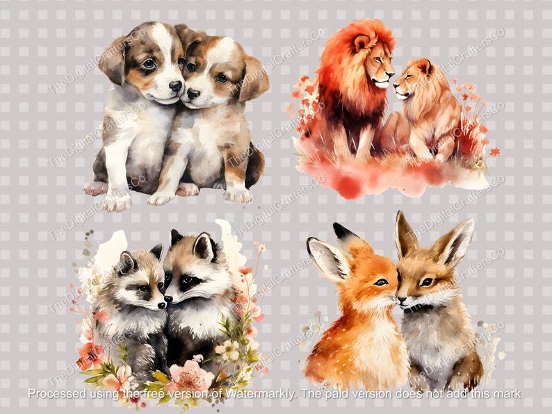 Romantic Animals Clipart Set, 24 Watercolor Valentine Animals PNG ...