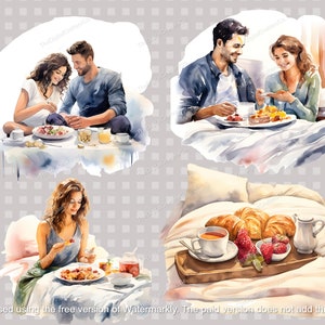 Watercolor Breakfast in Bed Clipart: Valentine's Couple PNG Set ...