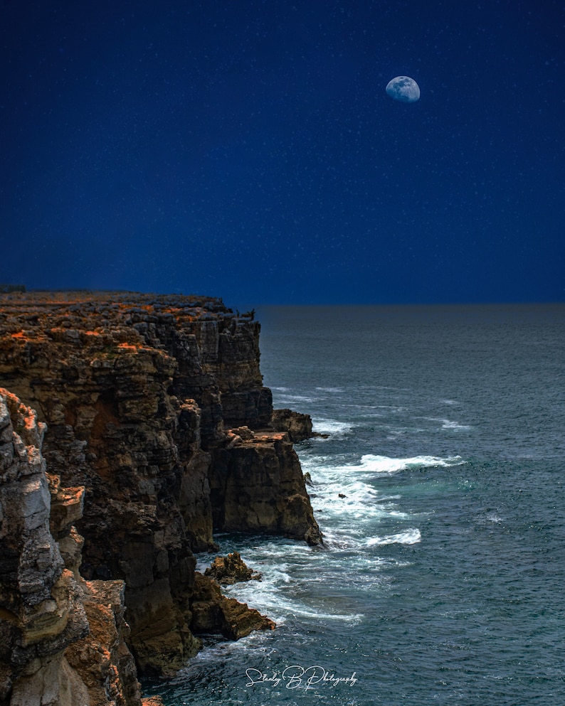 Portugal Coast Cliffs. Moon Over Ocean Cliffs, Portugal Coastline ...