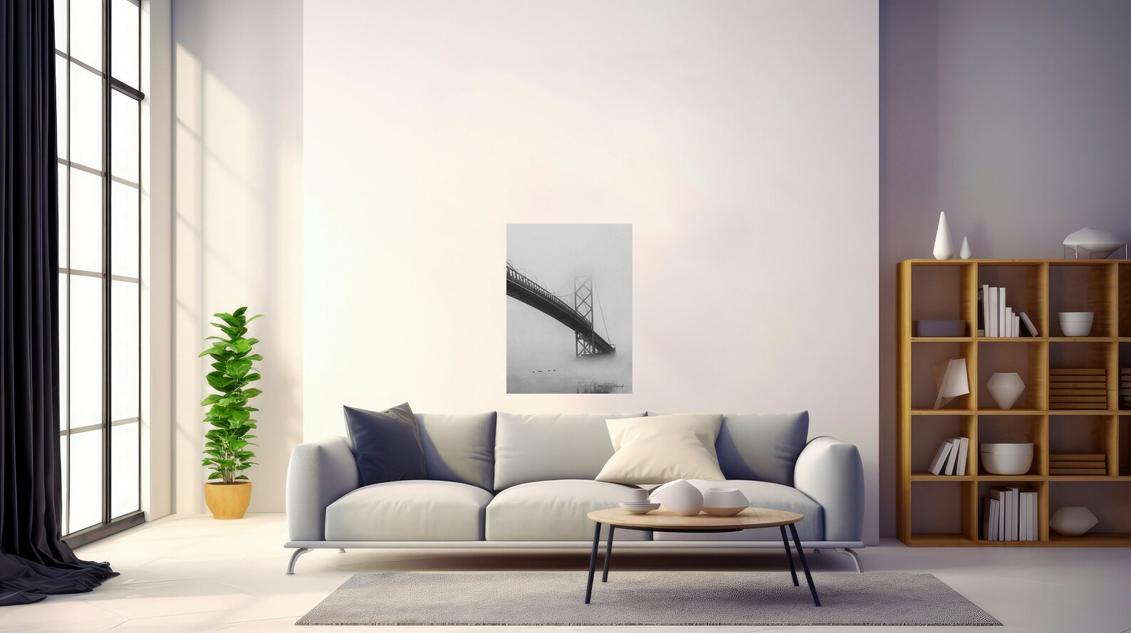 Ambassador Bridge Landscape. Foggy Bridge, Geese Flying Under Bridge ...