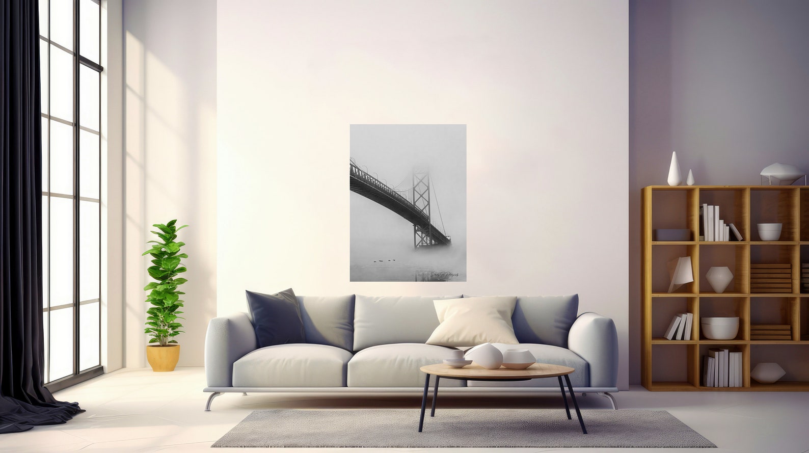 Ambassador Bridge Landscape. Foggy Bridge, Geese Flying Under Bridge ...