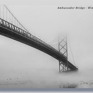Ambassador Bridge Landscape. Foggy Bridge, Geese Flying Under Bridge ...