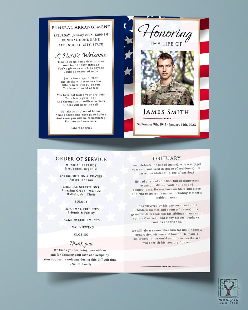 Veterans Funeral Program Template • Editable Memorial to Download ...