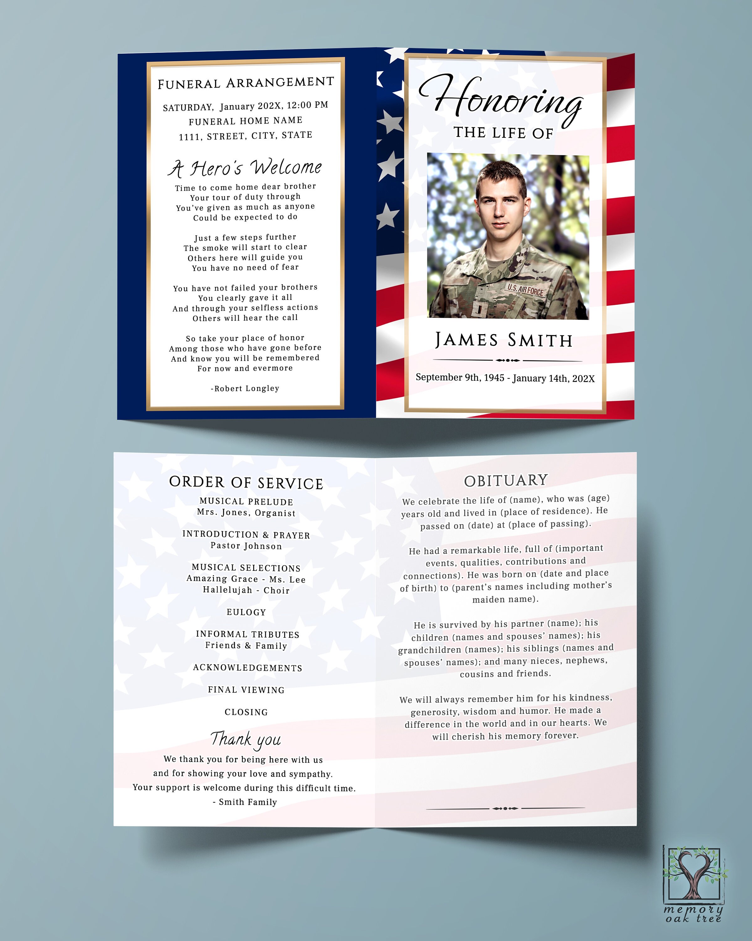 Veterans Funeral Program Template • Editable Memorial to Download ...