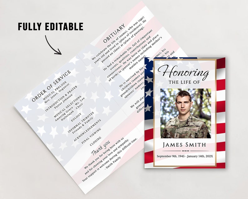 Veterans Funeral Program Template • Editable Memorial to Download ...