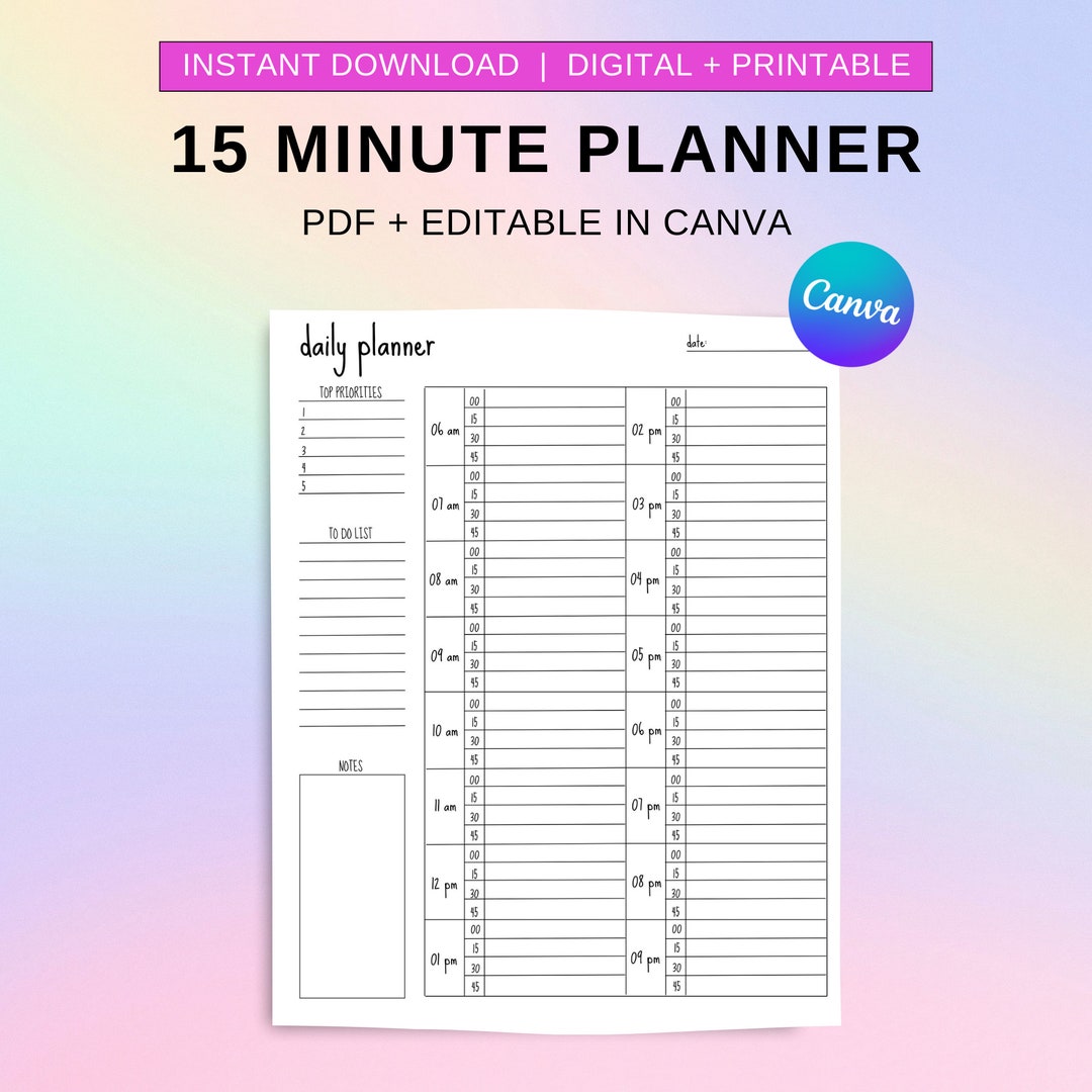 15 Minute Planner Editable Daily Tracker, Hourly Time Blocking Template ...
