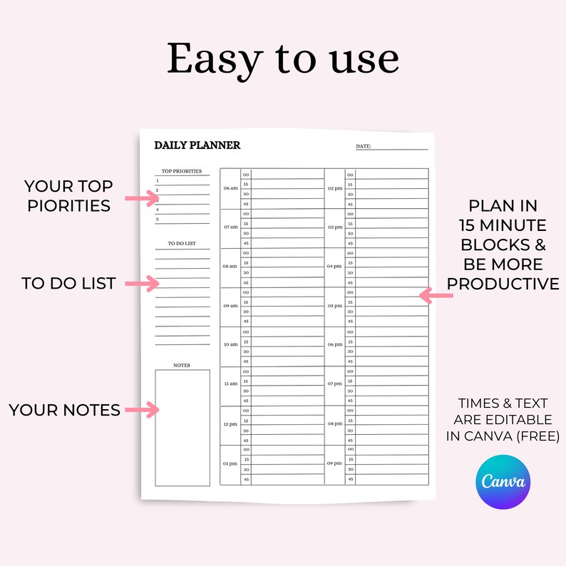 15 Minute Planner Editable Daily Tracker, Hourly, Time Block Template ...