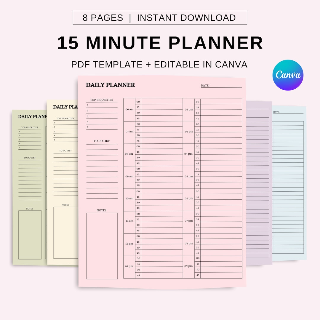 15 Minute Planner Editable Daily Tracker, Hourly, Time Block Template ...
