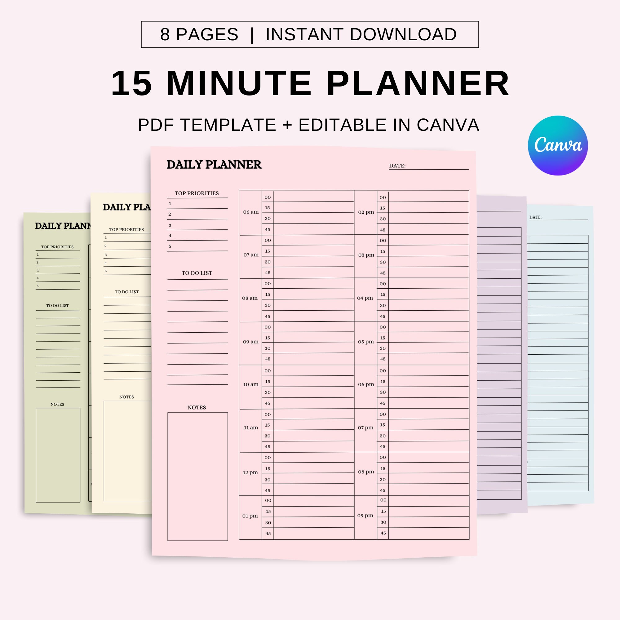 15 Minute Planner Editable Daily Tracker, Hourly, Time Block Template ...