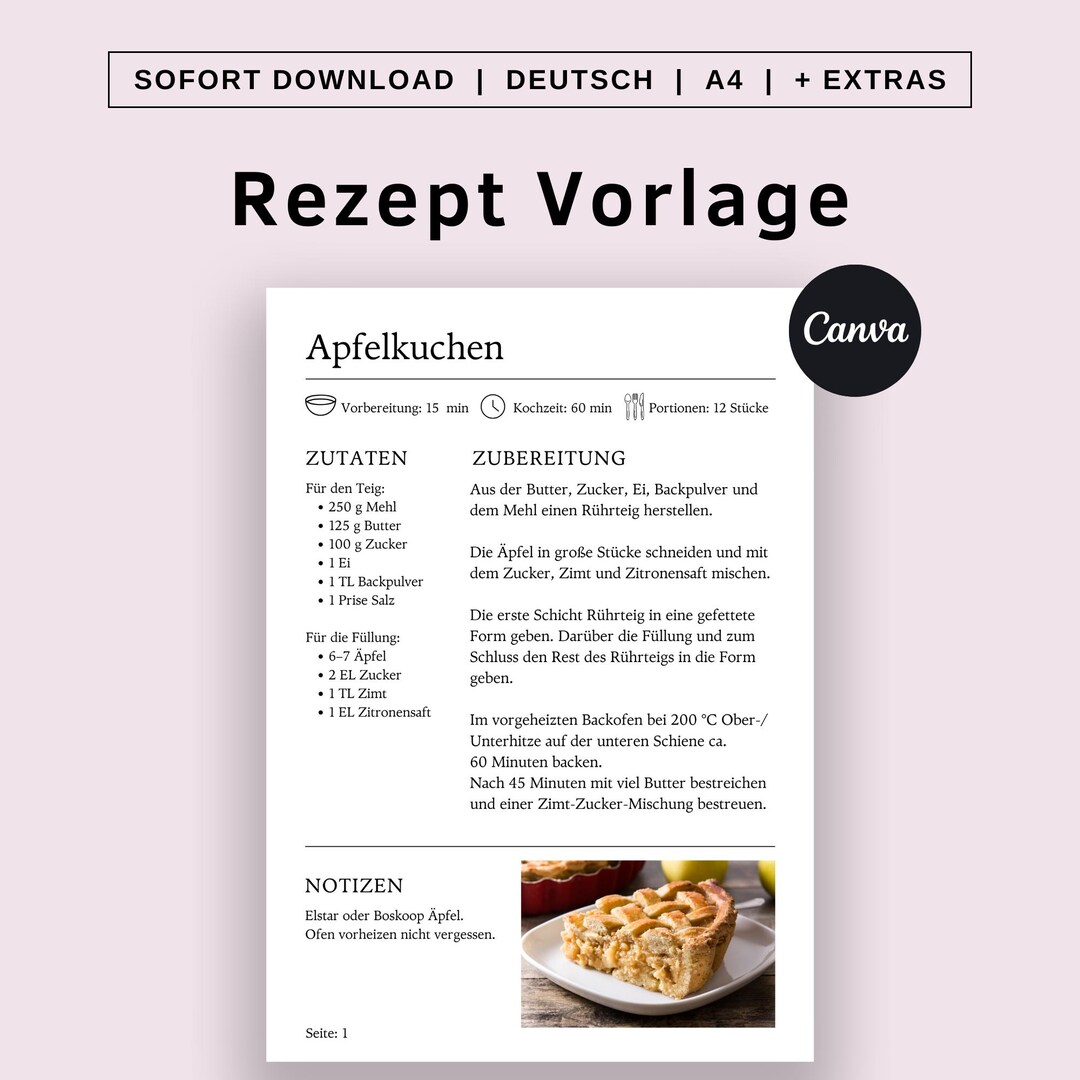 Rezept Vorlage, Bearbeitbar mit Canva, Digitale Rezeptvorlage zum ...