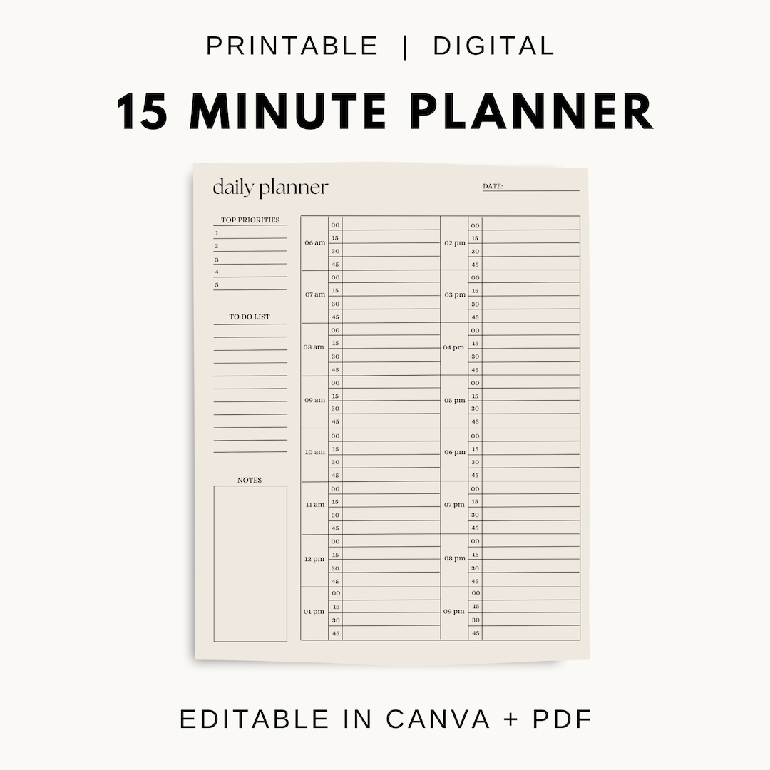 15 Minute Planner Editable Daily Tracker, Hourly, Time Block Template ...