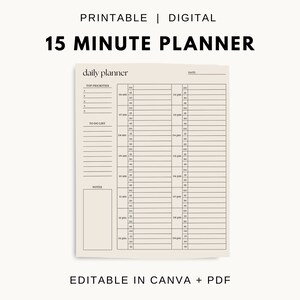 15 Minute Planner Editable Daily Tracker, Hourly, Time Block Template ...