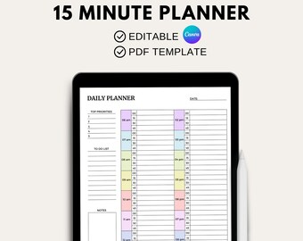 15 Minute Planner Editable Daily Tracker, Hourly, Time Block Template ...