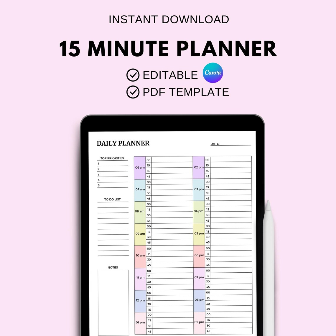 15 Minute Planner Editable Daily Tracker, Hourly, Time Block Template ...