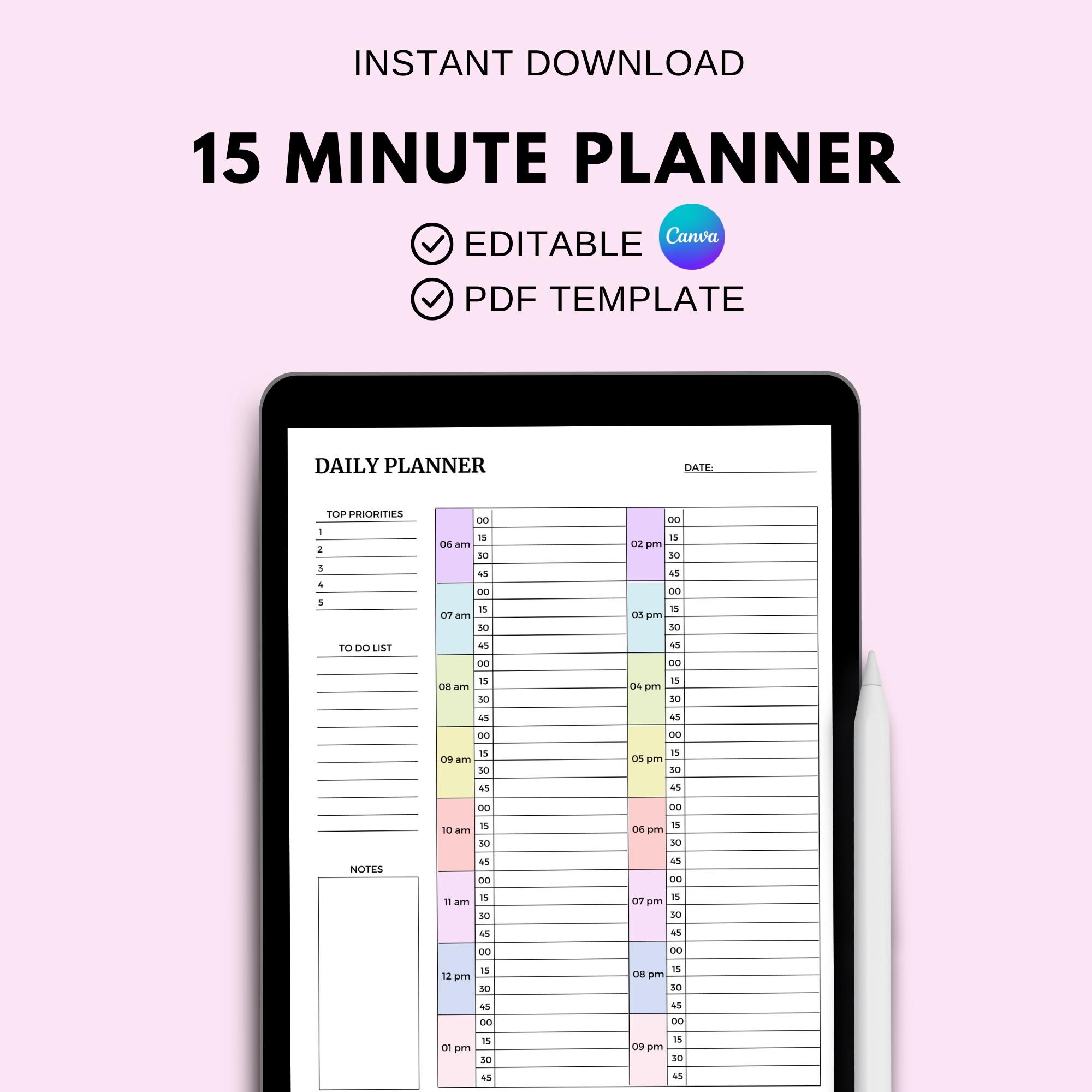 15 Minute Planner Editable Daily Tracker, Hourly, Time Block Template ...