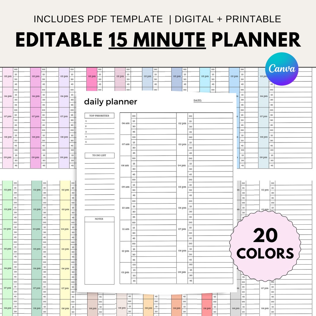 15 Minute Planner Editable Daily Tracker, Hourly, Time Block Template ...