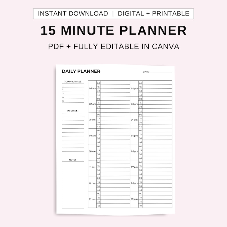 15 Minute Planner Editable Daily Tracker, Hourly, Time Blocking ...