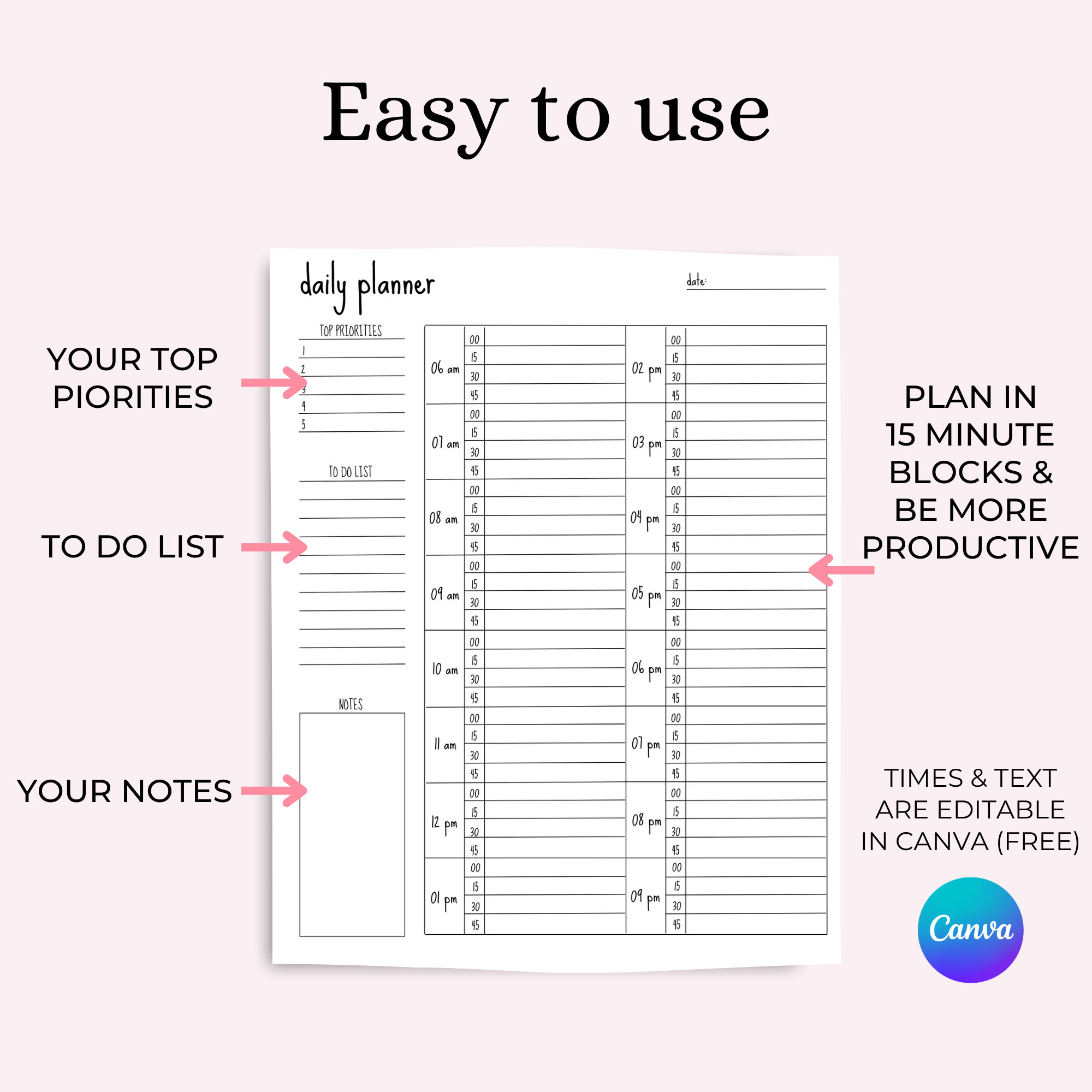15 Minute Planner Editable Daily Tracker, Hourly Time Blocking Template ...