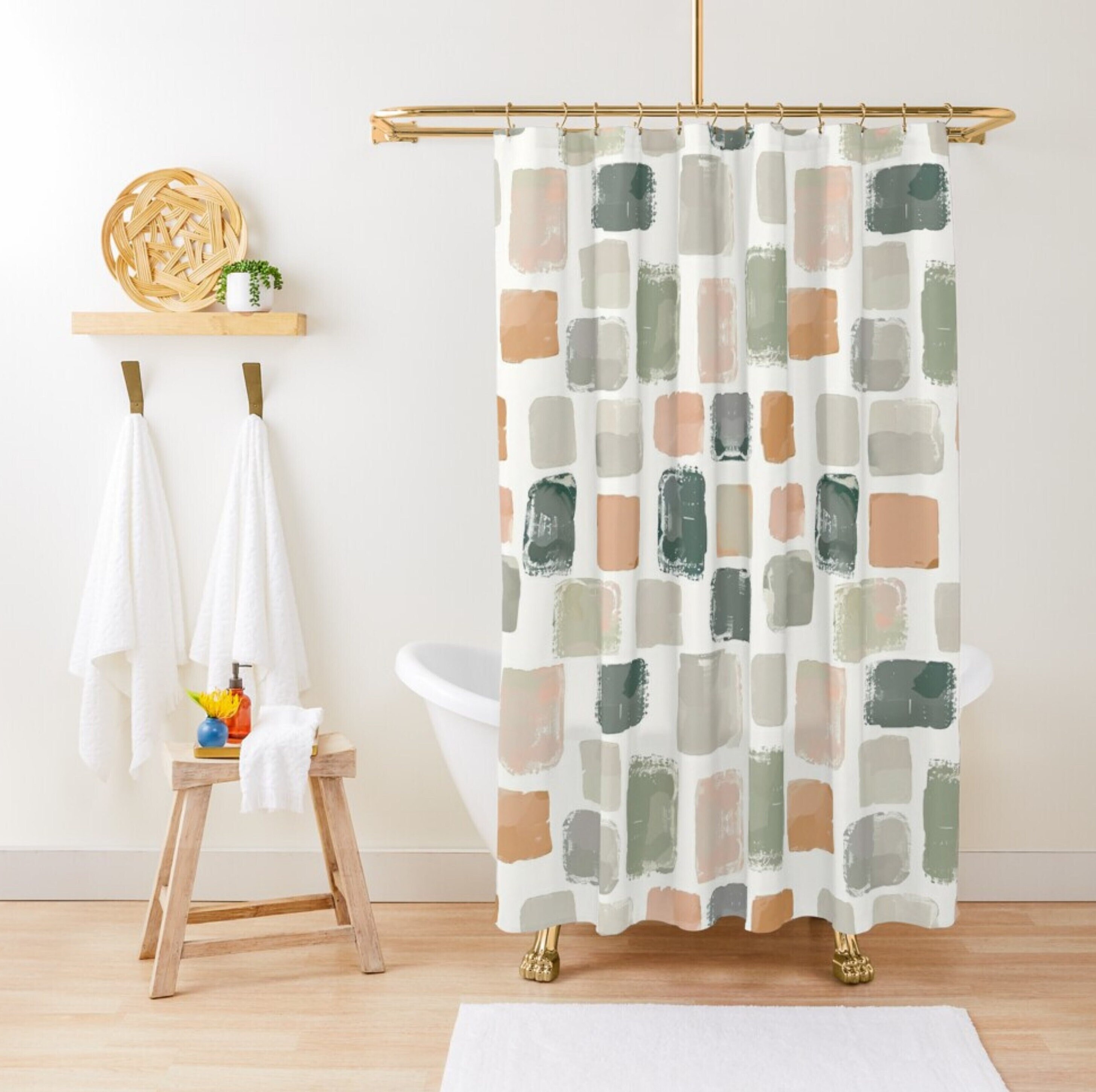 Mid Century Modern Geometric Shower Curtain, Pastels MCM Retro Shower Stall Curtain, Sage Green ...