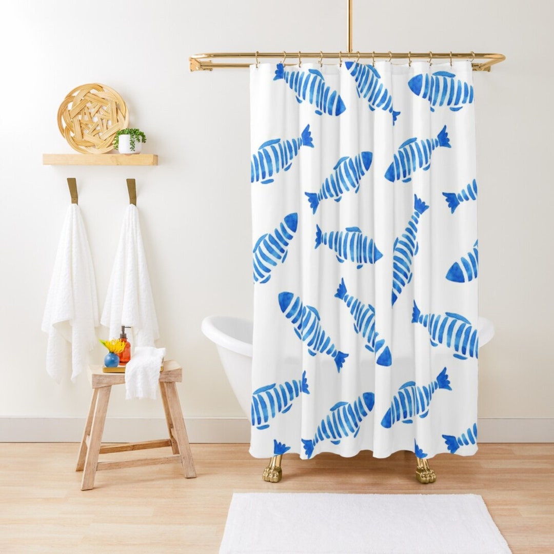 Ocean Fish Shower Curtain Beach House Shower Curtain Blue Shower ...