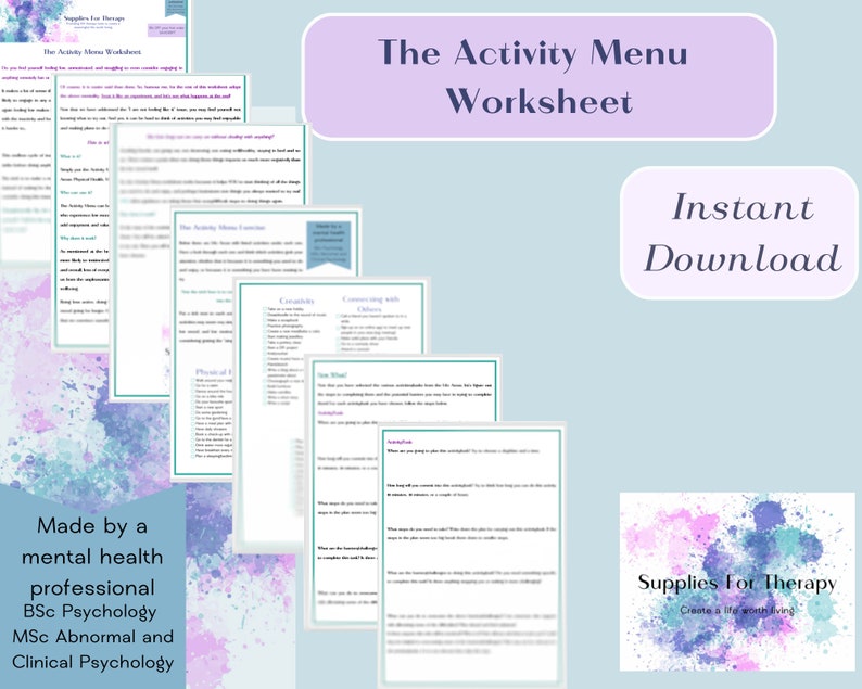 Activity Menu Worksheet, Worksheets, Anxiety Management, Activities ...
