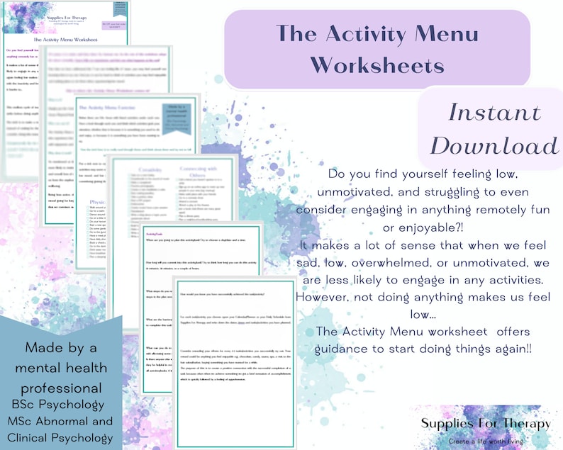 Activity Menu Worksheet, Worksheets, Anxiety Management, Activities ...