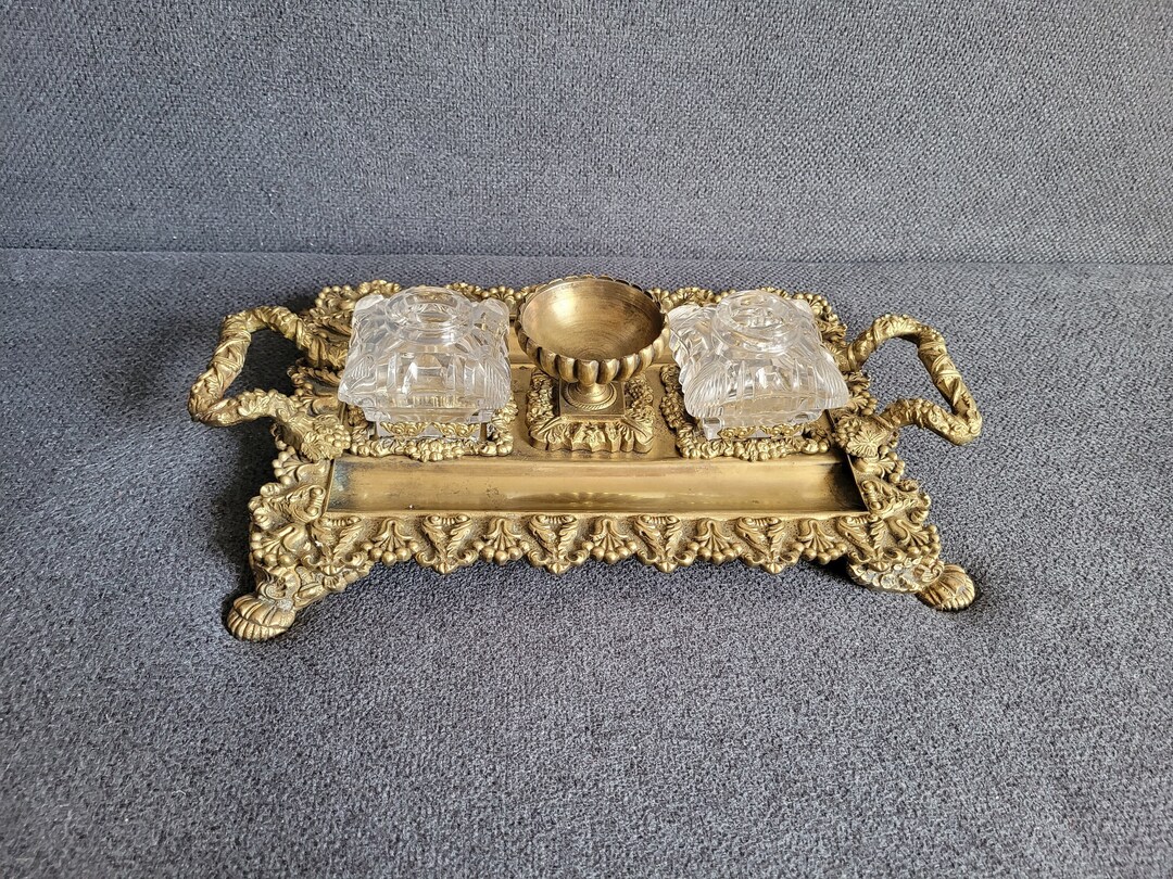 An Antique Desktop Inkwell Stand With Two Crystal Inkwells. - Etsy